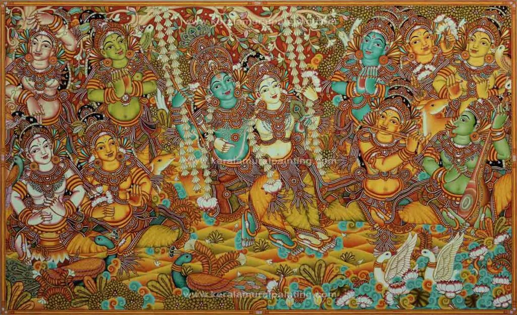 Krishna With Gopies - Kerala Mural Painting
